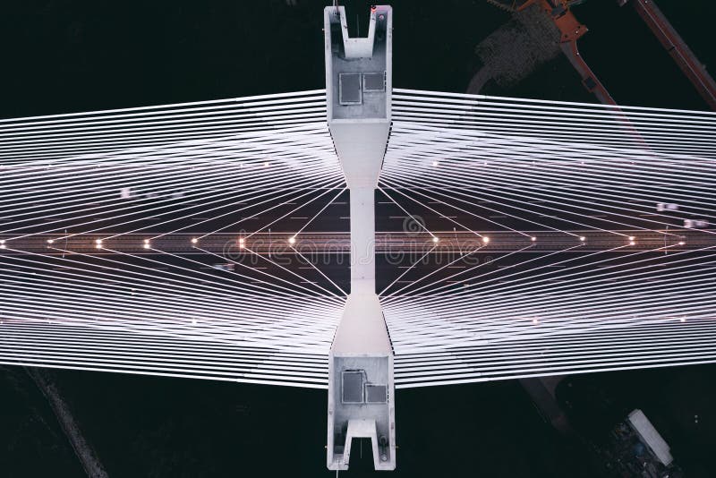 Steel Pylon of the Bridge at Night from a Height and the Freeway from ...