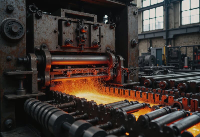 Steel Rolling Mill Machinery Processing Heated Metal Bars in Action ...