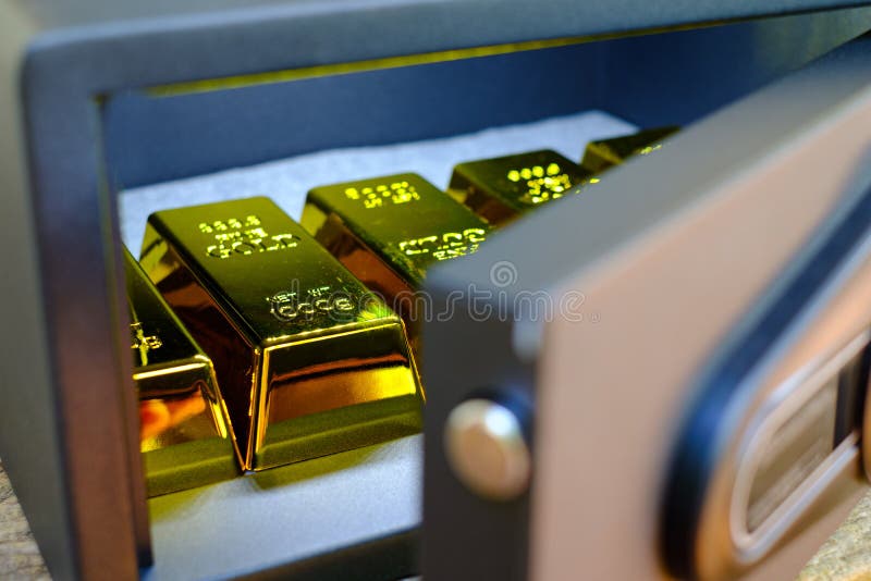 Steel Safes Box Full of Coins Stack and Gold Bar Stock Image - Image of ...