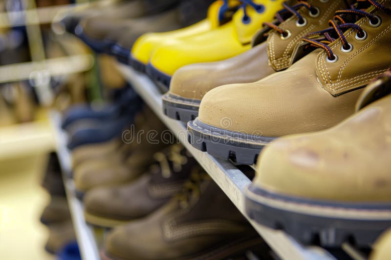 Steel Shoe Rack with Uniform Work Shoes in a Row Stock Illustration ...