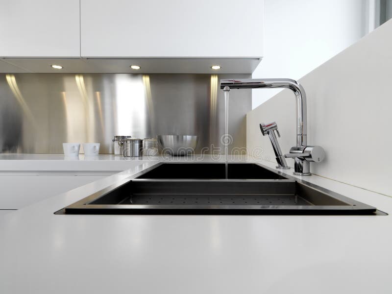 Steel Sink and Tap in the Modern Kitchen Stock Photo - Image of ...