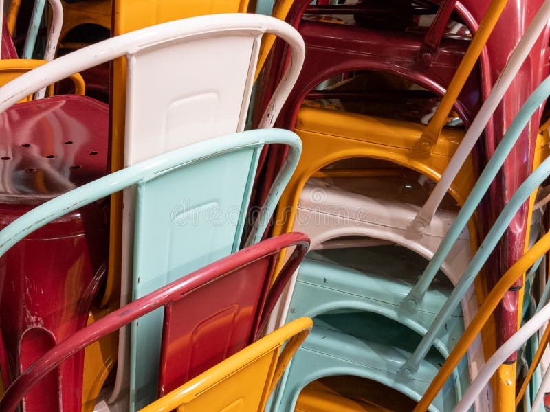 Steel Stack of Multicolored Industrial Chairs Metal Stock Photo - Image ...