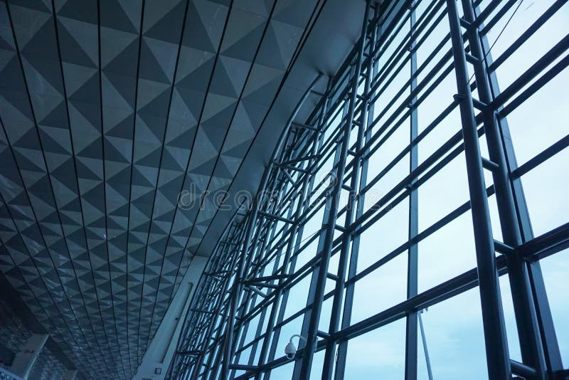 The Steel Structure of the Glass Wall in Airport Stock Image - Image of ...