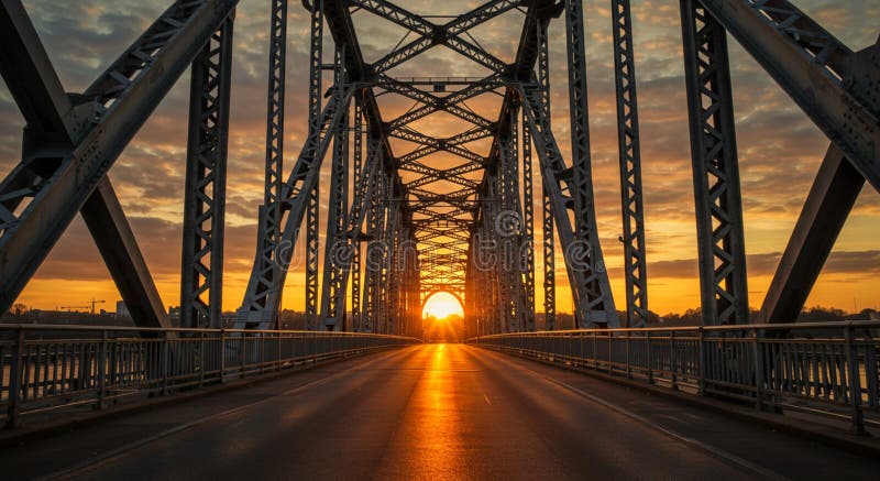 Steel Truss Bridge during Sunset, Casting an Orange Glow on the Road ...