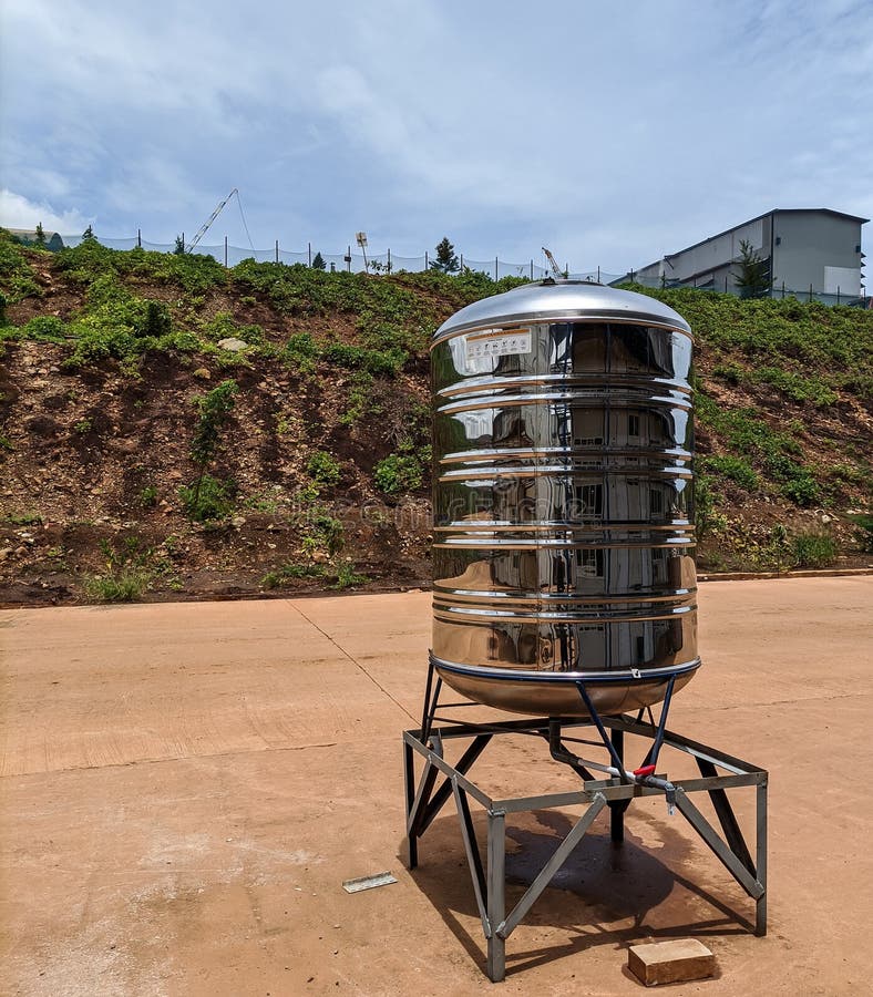 Steel Water Tower Tank Profile. Blue Sky Background Stock Image - Image ...