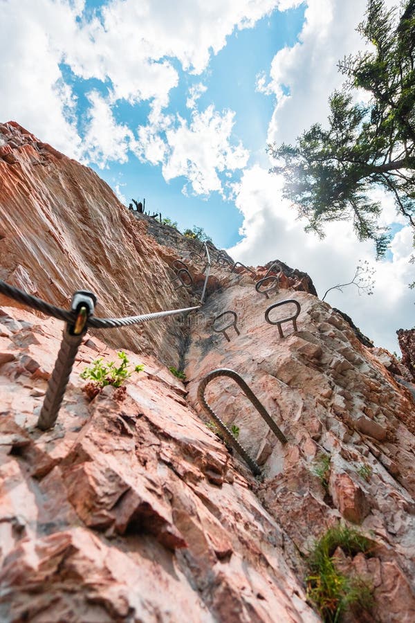 Steel Wire and Steps Going Up a Via Ferrata Climbing Path on a Steep ...