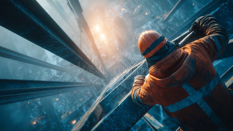 Steelworker Assembling Beams at the Top of a Modern High-rise Structure ...