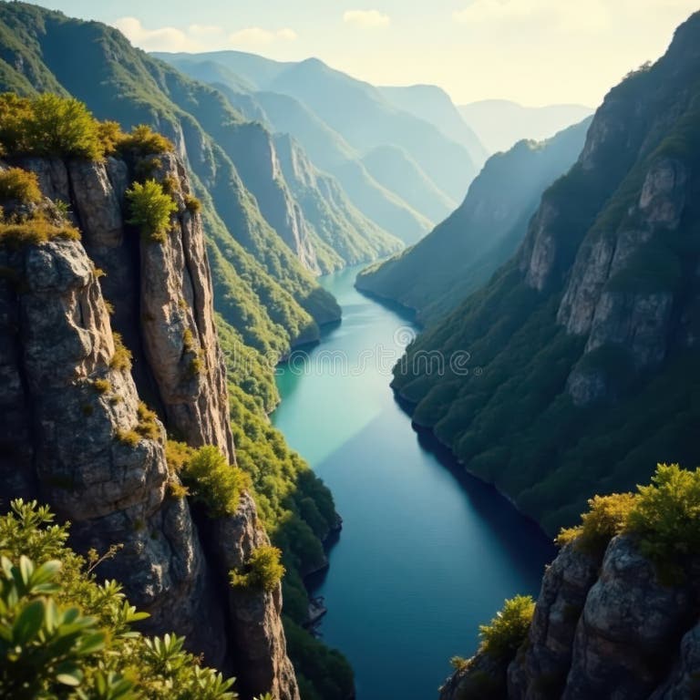 Steep Cliffs Frame a Winding River, Elevated Perspective , Water, River ...