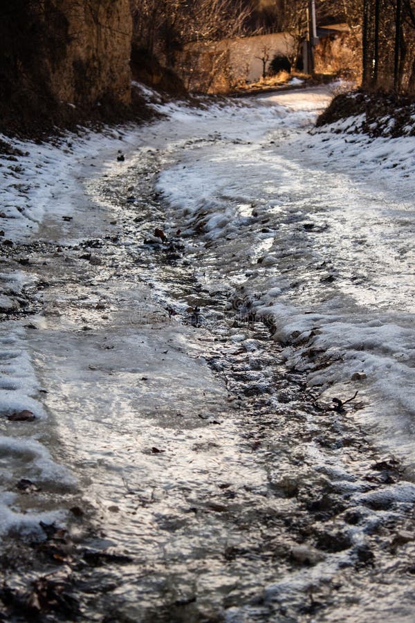 Steep Inclimb with Melting Icy Snow in Forest Stock Image - Image of ...