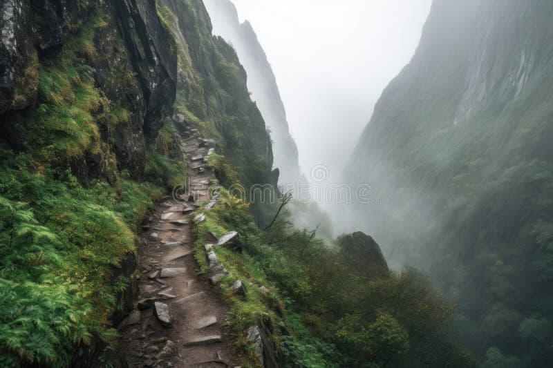 Steep Mountain Path Disappearing into Fog Stock Illustration ...