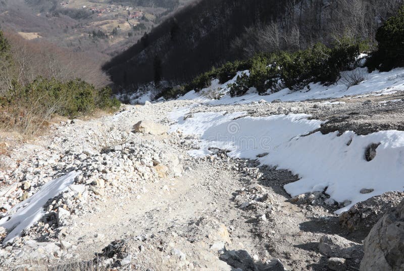 Steep Mountain Slope with a Landslide and Snow and the Valley Stock ...