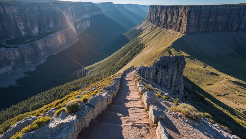 Steep Ridge Trail Shadowed by Sunlit Cliff Walls Above Cold Valley Drop ...