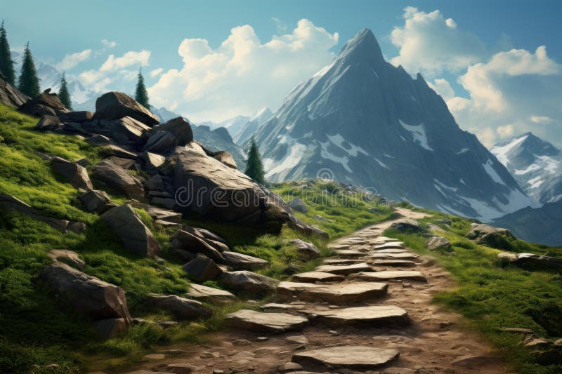 A Path in a Mountain Park between Trees and a Stone Wall. Stock Image ...
