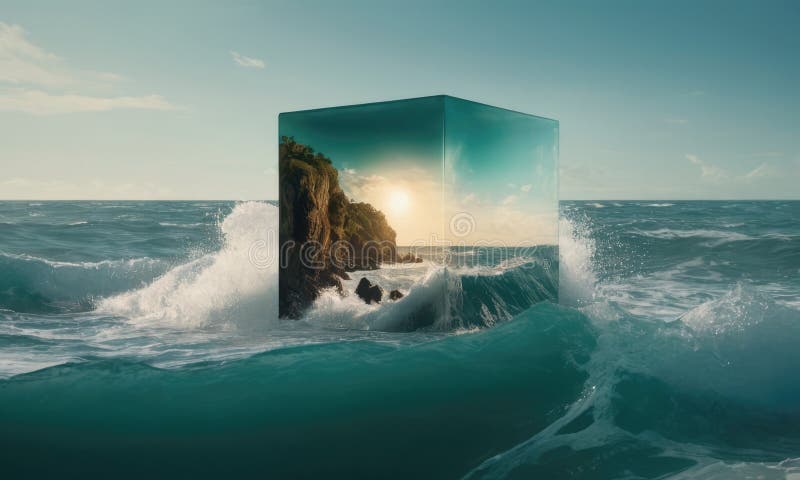 A Steep Slope is Washed by Waves Inside a Transparent Cube Stock ...