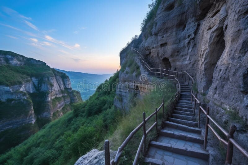 Steep Staircase Carved into Cliffside, at Dawn Stock Photo - Image of ...