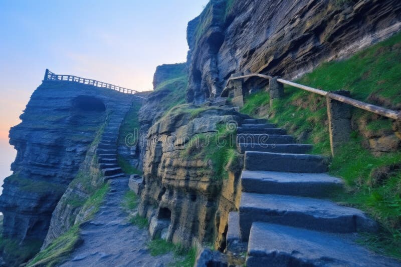 Steep Staircase Carved into Cliffside, at Dawn Stock Photo - Image of ...