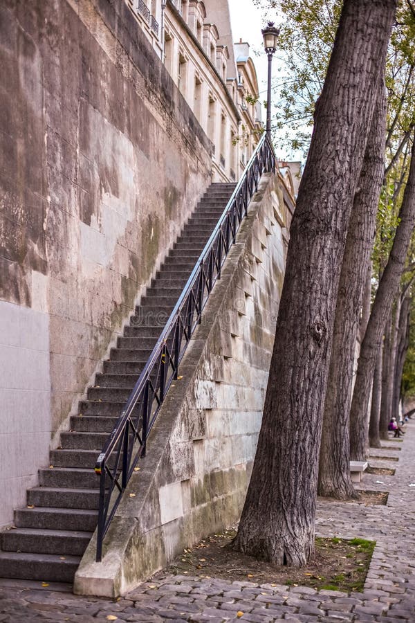 Steep Stairs at the Paris Embankment and Trees Stock Image - Image of ...