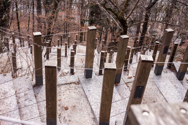 Steep Stairs with Rope Handrail Stock Photo - Image of movement, high ...