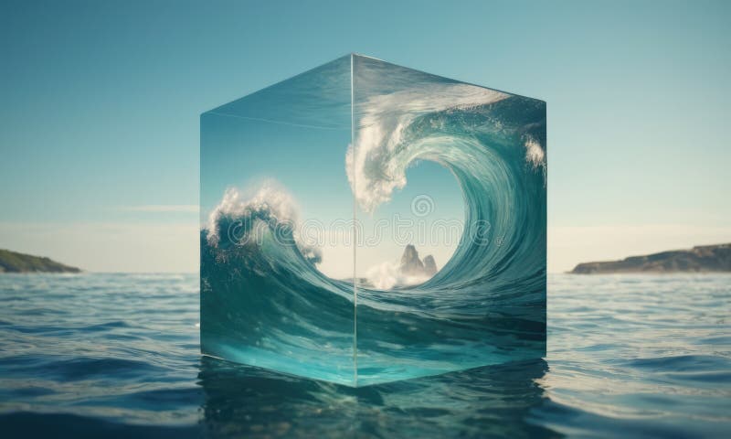 A Steep Wave Swirls Inside a Transparent Cube Stock Illustration ...