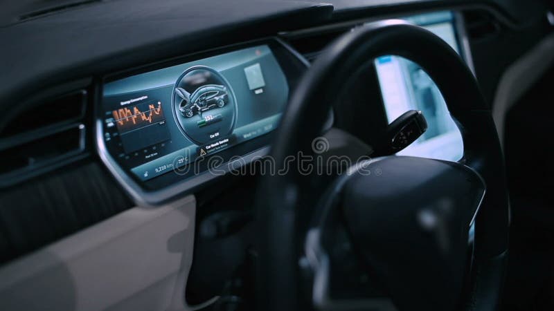 Steering Wheel and on-board Computer Electric Car Stock Footage - Video ...