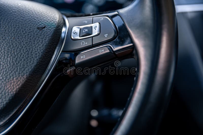 Closeup Modern Car Steering Wheel Control Buttons Leather Texture Stock ...