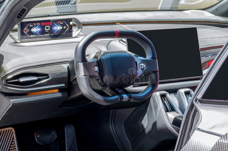 Steering Wheel and Console Inside Electric Vehicle Stock Image - Image ...