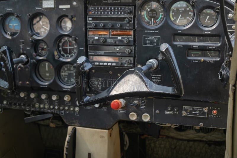 The Steering Wheel and Control Panel L Cockpit of an Old Small Airplane ...