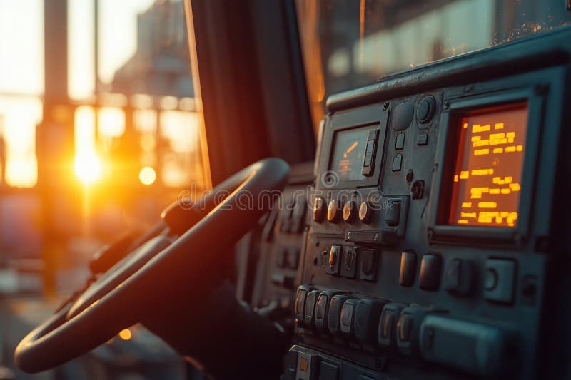 Steering Wheel and Control Panel in Sunlit Cockpit Stock Photo - Image ...