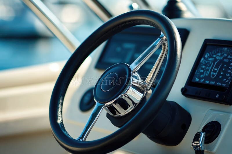 A Steering Wheel and Dashboard of a Boat with Controls and Instruments ...
