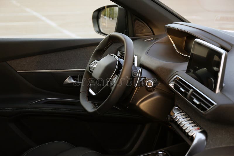 Steering Wheel and Dashboard Inside of Modern Luxury Car, Closeup Stock ...