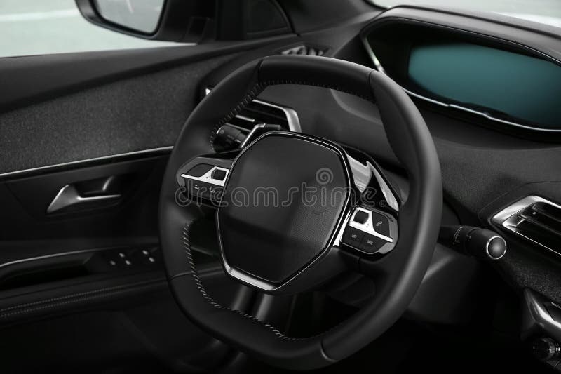 Steering Wheel and Dashboard Inside of Modern Luxury Car, Closeup Stock ...
