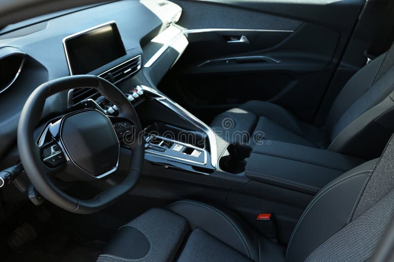 Steering Wheel and Dashboard Inside of Modern Luxury Car, Closeup Stock ...