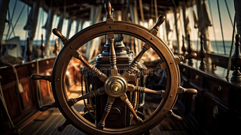 Steering Wheel on the Deck of a Sailing Ship at Sunset. Generative AI ...