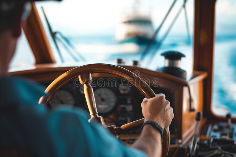Steering Wheel in Focus, Captain Navigating at Rear Stock Photo - Image ...