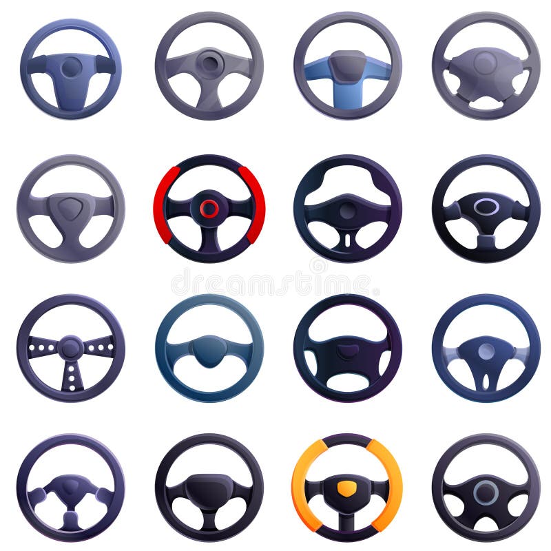 Steering Wheel Icons Set, Cartoon Style Stock Vector - Illustration of ...