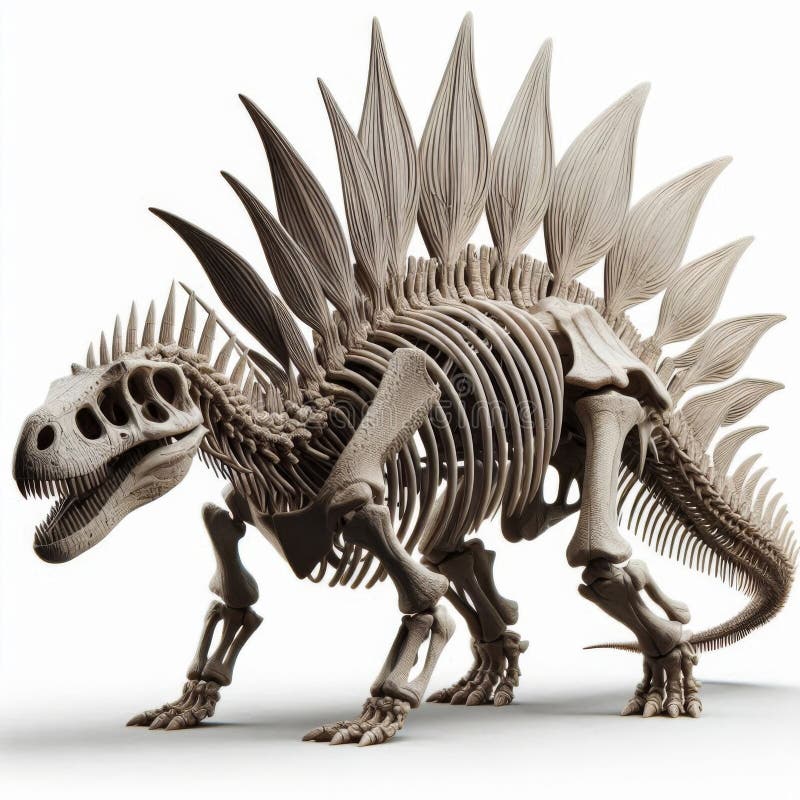 A Stegosaurus Skeleton, Set Against a White Background, with Intricate ...