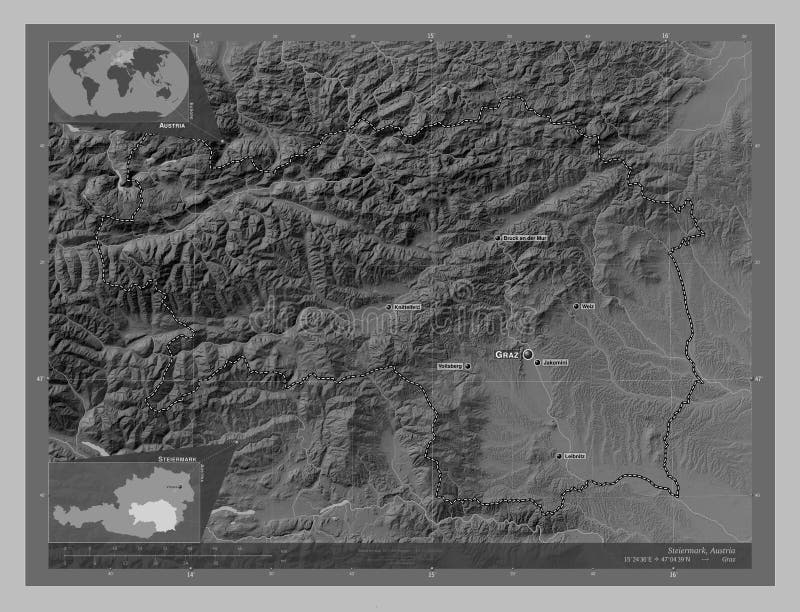 Steiermark, Austria. Grayscale. Labelled Points of Cities Stock Image ...