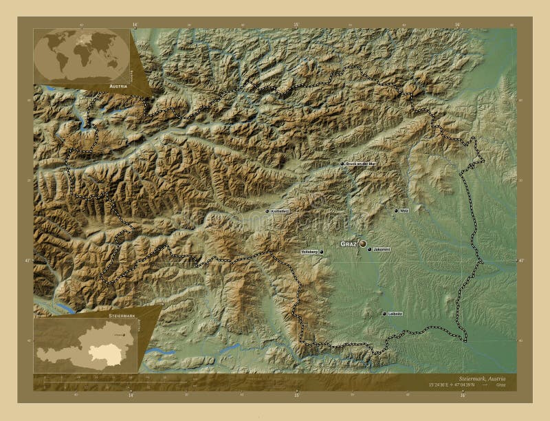 Steiermark, Austria. Physical. Labelled Points of Cities Stock ...