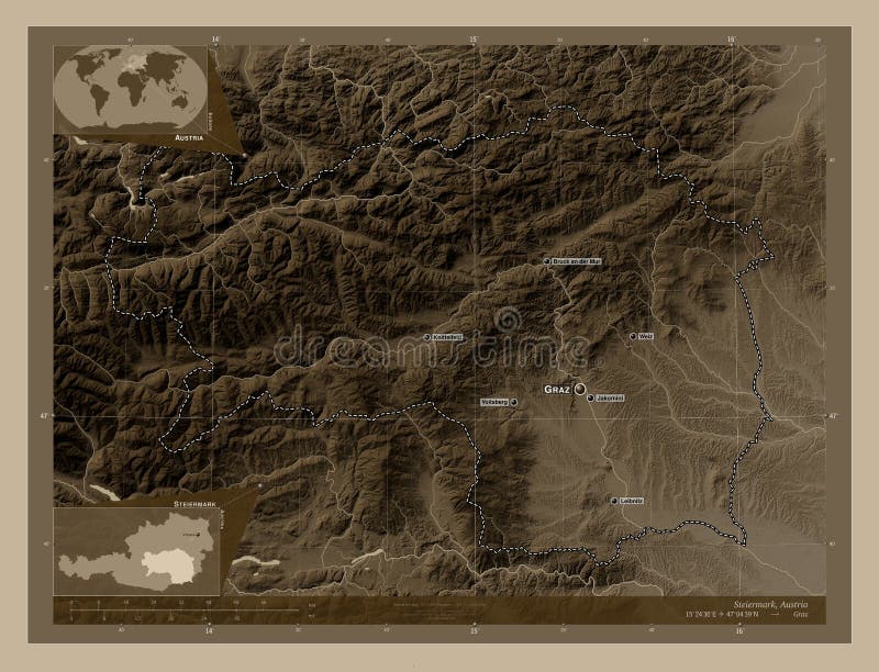 Steiermark, Austria. Sepia. Labelled Points of Cities Stock Image ...