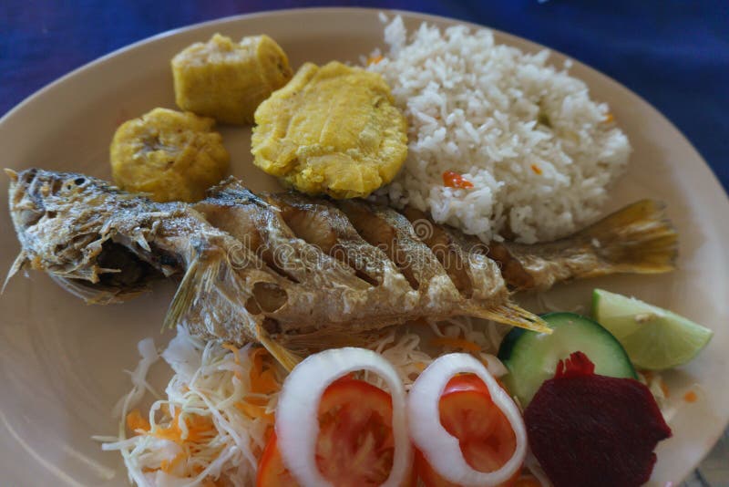 Stekt Fisk Med Ris Och Bananen Fotografering för Bildbyråer - Bild av ...