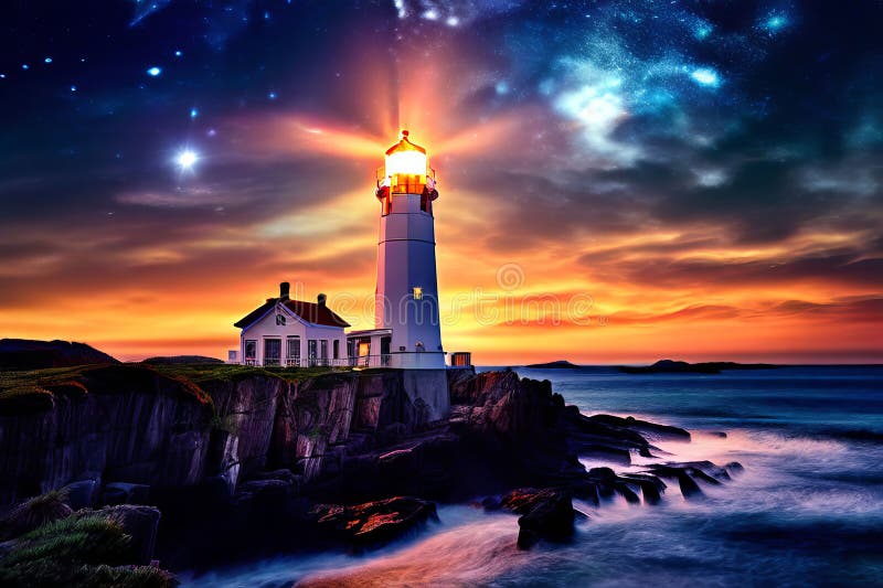 Stellar Lighthouse a Guiding Star Its Bright Light a Beacon for Stock ...