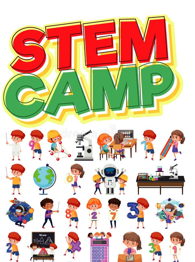 Stem Camp Logo and Two Kids Wearing Scientist Costume Isolated Stock ...