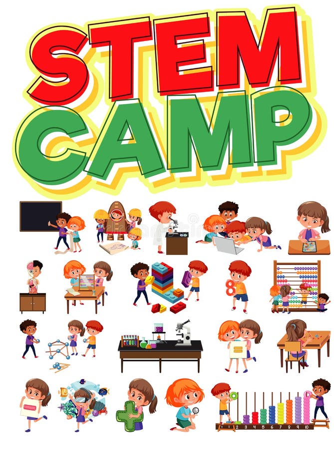 Stem Camp Logo and Set of Children with Education Objects Isolated ...