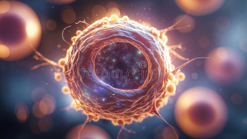 Stem Cell Interacting with Other Cells Under the Microscope Emitting ...