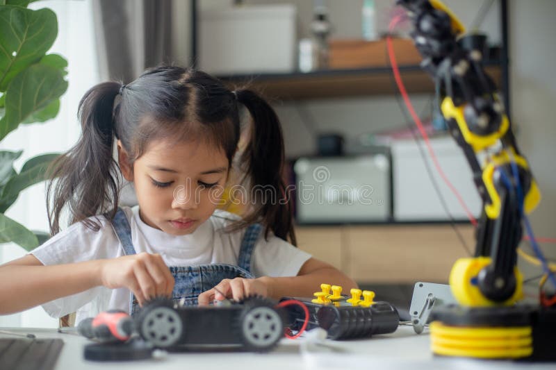Stem Education Concept Asian Young Girl Learning Robot Design Stock