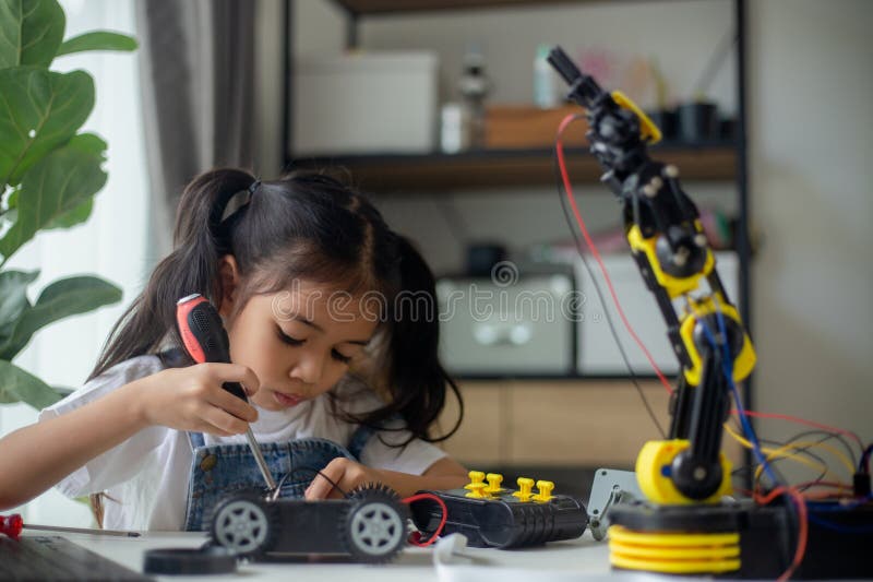 Stem Education Concept Asian Young Girl Learning Robot Design Stock