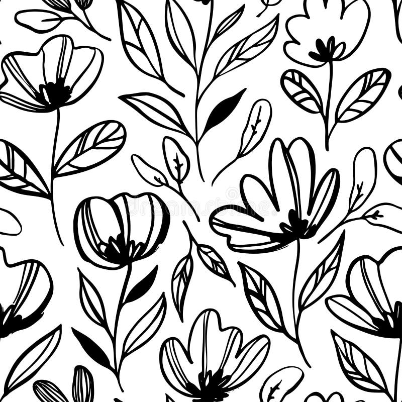 Stems of Line Drawing Flowers Seamless Pattern. Stock Vector ...