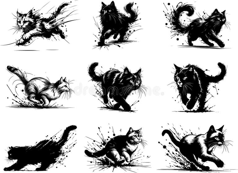 Stencil Vector Art of Moving Cats with Splatter Textures and Dynamic ...