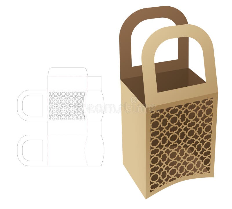 Stenciled Bottom Curved Box with Handle Die Cut Template and 3D Mockup ...