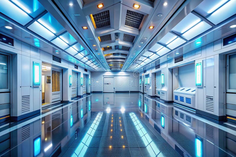 Exploring the Empty Gleaming Interior of a Futuristic Spaceship a ...